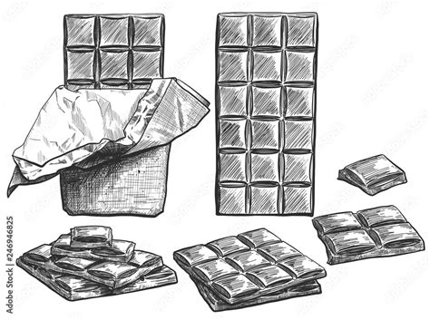 Hand Drawn Chocolate Bar Ink Line Art Set Black And White Draft Sketch