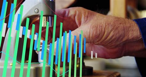 Animation Of Graph Over Cropped Hands Of Caucasian Man Using Equipment