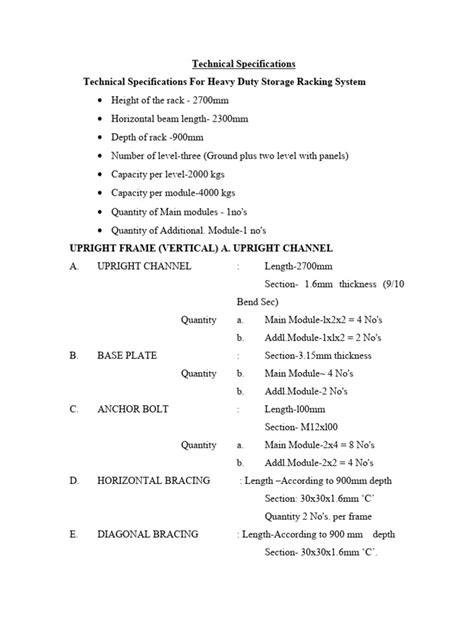 Annexure 2 Tech Specs Of Racking System 8 Ft Pdf Beam Structure