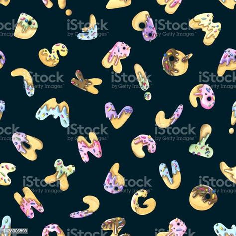 라틴 문자 달콤한 쿠키와 착빙 및 제과 뿌리 여러 가지 빛깔 수채화 그림입니다 아이스크림과 과자 컬렉션에서 어두운 배경에 매끄러운 패턴 공휴일에 대한 스톡 벡터 아트 및