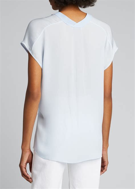 Vince V Neck Short Sleeve Rib Trim Silk Blouse Bergdorf Goodman