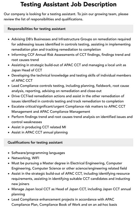 Testing Assistant Job Description Velvet Jobs