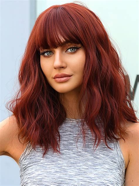 Medium Curly Synthetic Wig With Bangs Natural Hair Wigs Ginger Hair