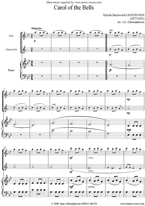 Leontovich Carol Of The Bells Flute Clarinet Piano Classical Sheet Music