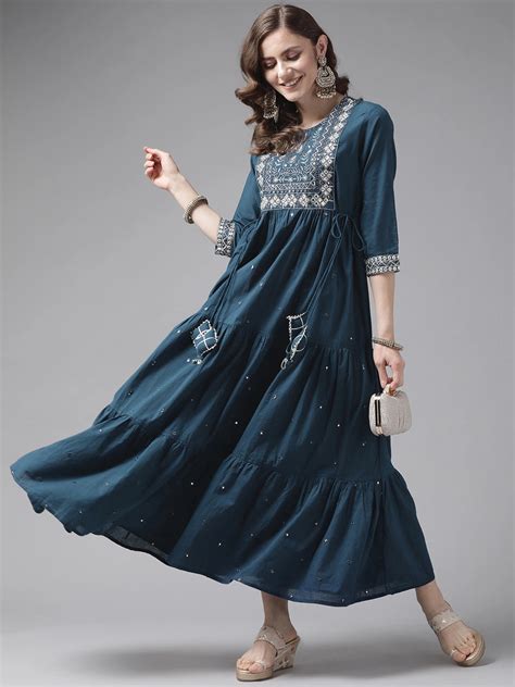 Teal Ethnic Motifs Cotton Dress Freeshipping Yufta Store