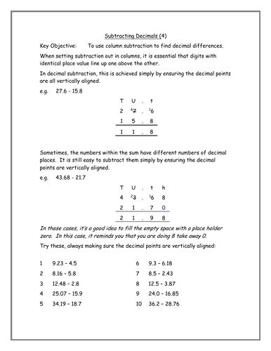 Adding And Subtracting Decimals Instruction And Practice Teaching