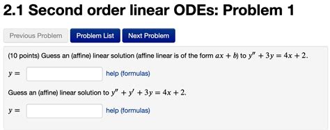 Solved 2 1 Second Order Linear Odes Problem 1 Previous