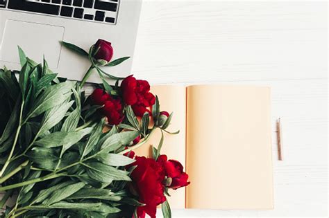 세련 된 노트북 참고도 서와 아름 다운 붉은 모란 배경에 흰색 나무 플랫 하다 텍스트를 위한 공간입니다 최고의 볼 수 있습니다 행복 한 일 또는 어머니입니다 현대 꽃