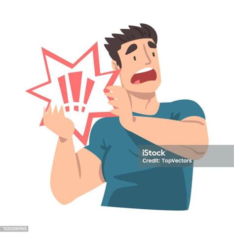 그의 손에 세 느낌표와 음성 채팅 거품을 들고 젊은 남자 통신 메시징 채팅 만화 벡터 일러스트 가공의 인물에 대한 스톡 벡터