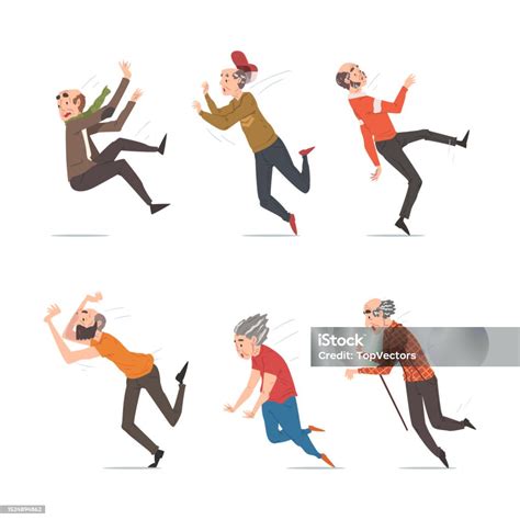 Senior Male And Female Character Falling Down On The Ground Due To