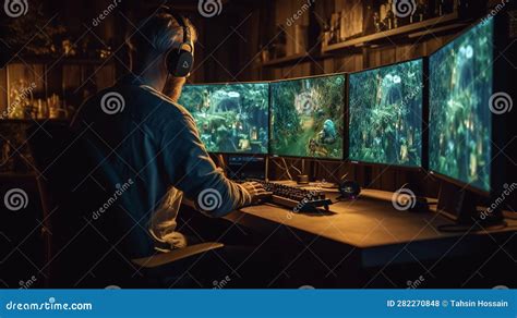Man In A Game Developer Immersed In The Creative Process Surrounded By Computer Screens And