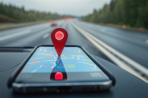 Smartphone Map App Displaying Location Pin On Deserted Highway With Flashing Red Lights For