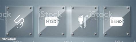 Sshd 카드 Usb 케이블 코드 하드 디스크 드라이브 Hdd 및 컴퓨터 마우스를 설정합니다 정사각형 유리 패널 벡터 Brand