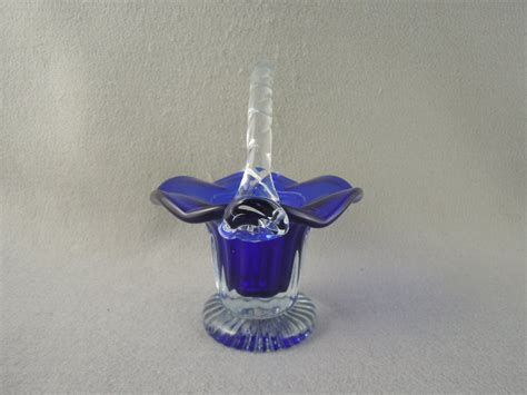 Vintage Glass Basket Cobalt Blue Applied Twisted Handle