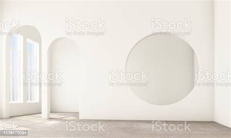 추상적인 인테리어 디자인거실 과 침실 흰색 톤 원형 아크 둥근 개구부 및 콘크리트 바닥의 건축 요소3d 렌더링 3차원 형태에 대한 스톡 사진 및 기타 이미지 Istock