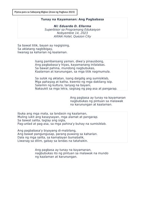Piyesa Para Sa Sabayang Pagbigkas Pagbasa Tunay Na Kayamanan Ang Pagbabasa Ni Eduardo D