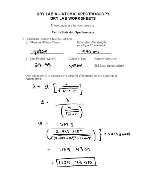 Atomic Spectroscopy Dry Lab Worksheets Dry Lab Worksheets These Pages Are For Your Own Use