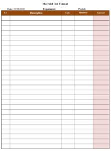 Material List Template Free Word Templates