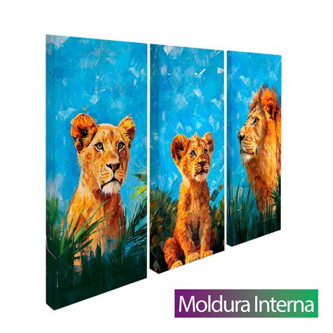 Quadro Família de Leões Tropicais 3 Peças QuadrosDecorativos