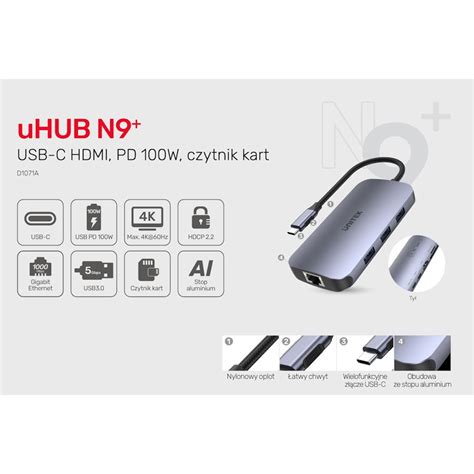 Unitek UHUB N In USB C Ethernet Hub With HDMI W Power Delivery And Dual Card Reader
