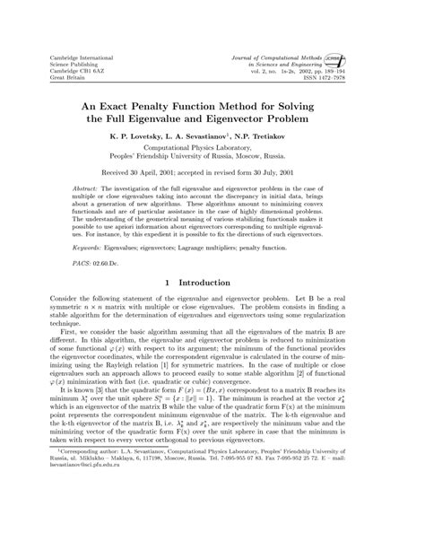 Pdf An Exact Penalty Function Method For Solving The Full Eigenvalue And Eigenvector Problem