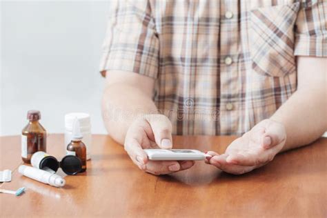 Man Measures Sugar Level With A Glucometer Stock Image Image Of Hyperglycemia Care 121692541