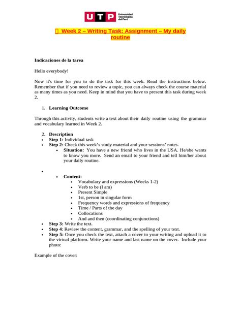 Week 2 Writing Task Assignment My Daily Routine Pdf
