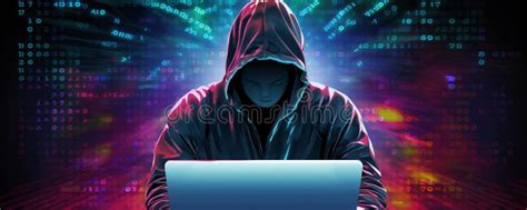 Hacker On A Laptop A Man Wearing A Hood On A Laptop Image Made Up Of Colorful Binary Code