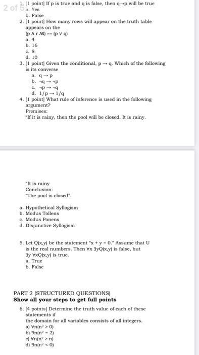 Solved 1 1 Point ∣ If P Is True And Q Is False Then Q→p