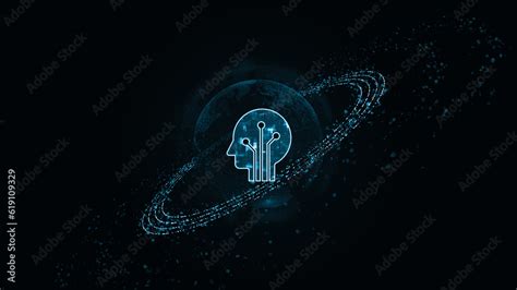 Blue Digital Robot Logo With Particle Ring Circle Rotation And Ai Technology Icon On Futuristic