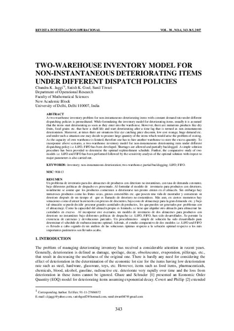 Pdf Two Warehouse Inventory Model For Non Instantaneous Deteriorating Items Under Different