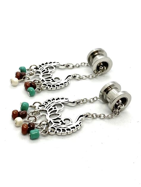 Beaded Lotus Flower Silver Magnetic Ear Plug Tunnel Hangers Sizes 1g