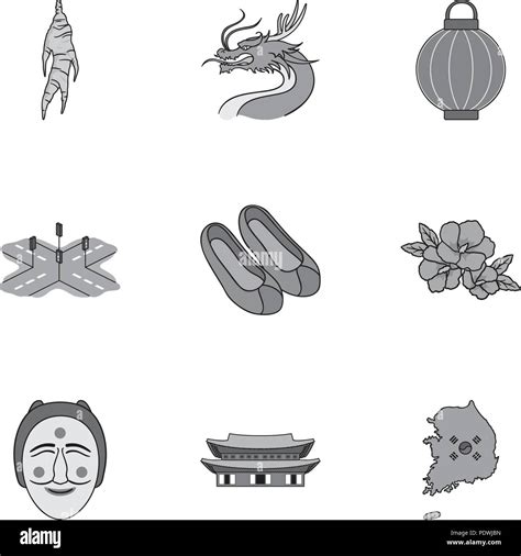 South Korea Set Icons In Monochrome Style Big Collection Of South