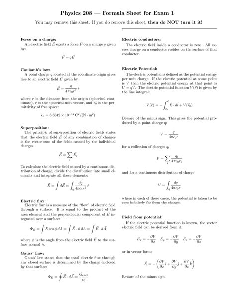 Formula Sheet For Exam 1 Introduction To Electricity And Optics