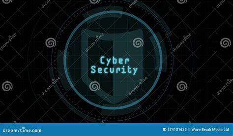 Image Of Cyber Security Text Over Shield And Circle On Black Background Stock Illustration