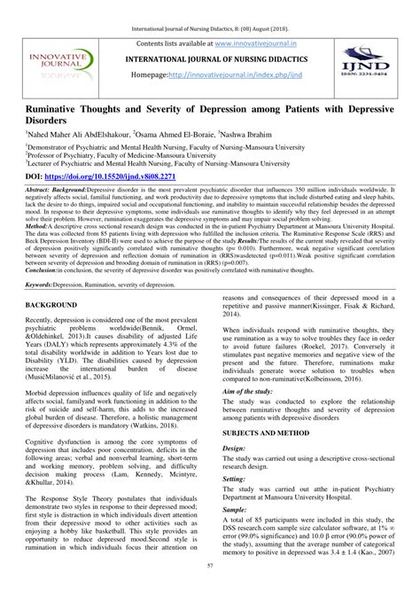 Pdf Ruminative Thoughts And Severity Of Depression Among Patients With Depressive Disorders