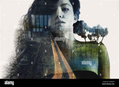 Double Exposure Portrait Of A Reflective Woman With Black Hair And
