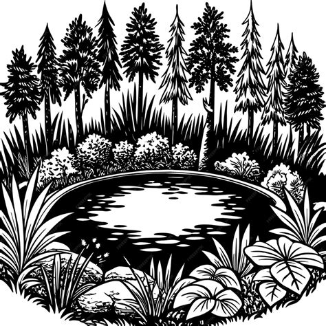 Premium Vector A Black And White Drawing Of A Pond With Trees And A
