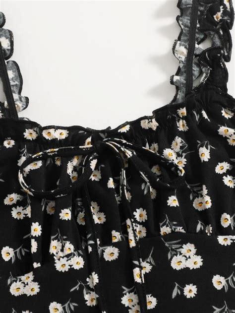 Shein Wywh Frilled Strap Tie Front Ruched Bust Daisy Floral Dress