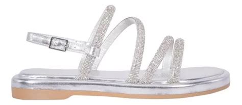 Huarache Plata Con Tiras De Brillos Suela Plana De Mujer Envío Gratis
