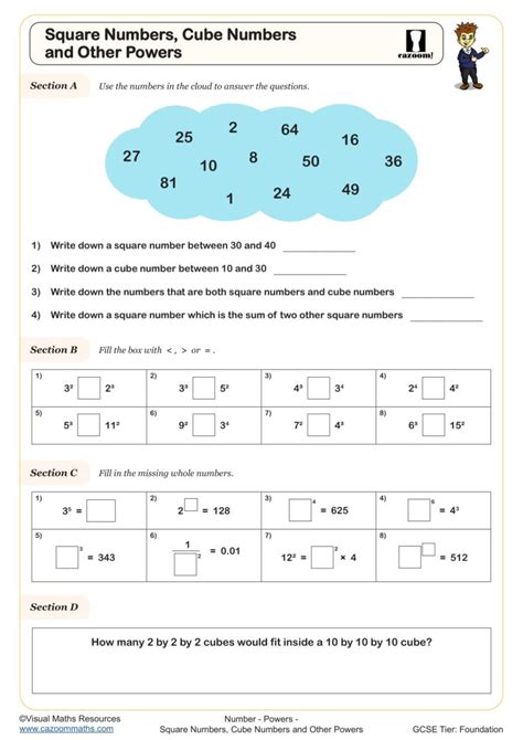 square numbers cube numbers and other powers worksheet pdf number