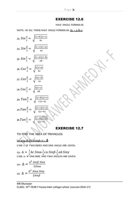 formulas formulae for class xi math docx physics science