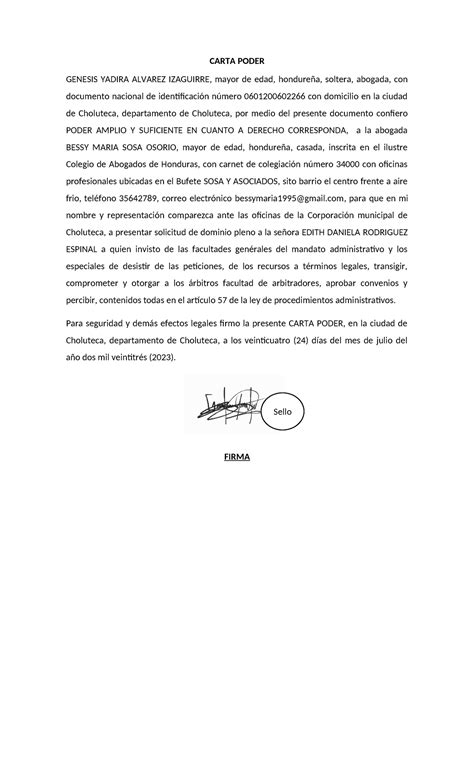 Formato Carta Poder Carta Poder Yo Xxxxxxx Mayor De Edad Hondure A My
