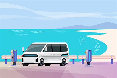 해변에 있는 전기차 충전소 관광 명소의 전기 자동차 충전소 배경에 해변 스카이라인 Ev 자동차는 청정 에너지로 관광 사업을