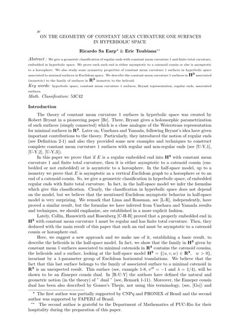 Pdf On The Geometry Of Constant Mean Curvature One Surfaces In Hyperbolic Space