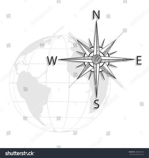Vector Hand Drawing Compass On Globe Stock Vector 308654231 Shutterstock