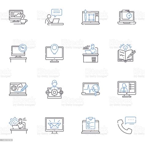 작업 장소 라인 아이콘 컬렉션입니다 사무실 칸막이 책상 회의 회의 협업 생산성 벡터 및 선형 그림 효율성 마감일 작업 공간 개요 표지판 설정 아이콘에 대한 스톡 벡터 아트