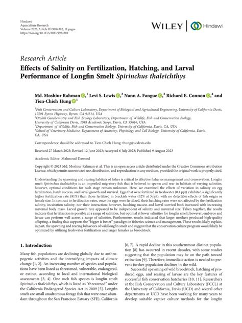 Pdf Effects Of Salinity On Fertilization Hatching And Larval Performance Of Longfin Smelt