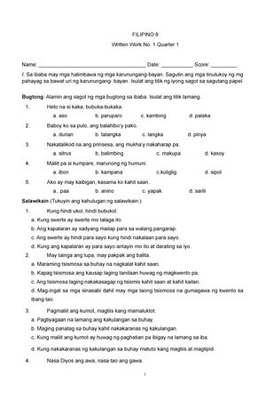 FILIPINO 8 IKALAWANG MARKAHAN LAS Q2 WEEK 7 WORKSHEET SA FILIPINO 8