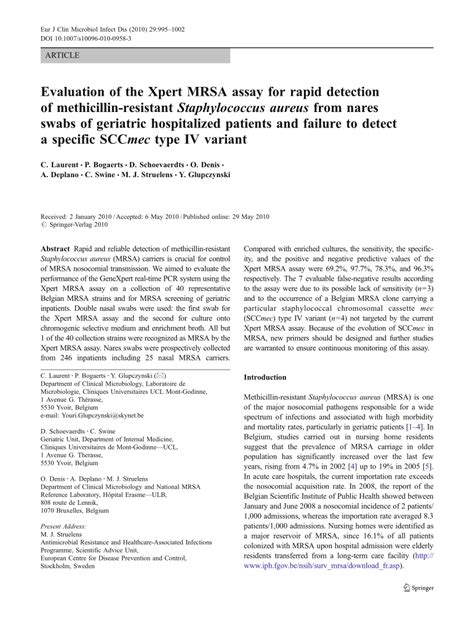 Pdf Evaluation Of The Xpert Mrsa Assay For Rapid Detection Of Methicillin Resistant From Nares